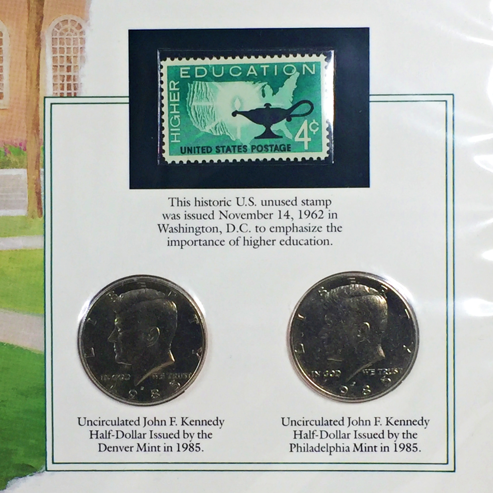 1985-P & D Kennedy Half Dollars and Stamp on Commemorative Story Board ...