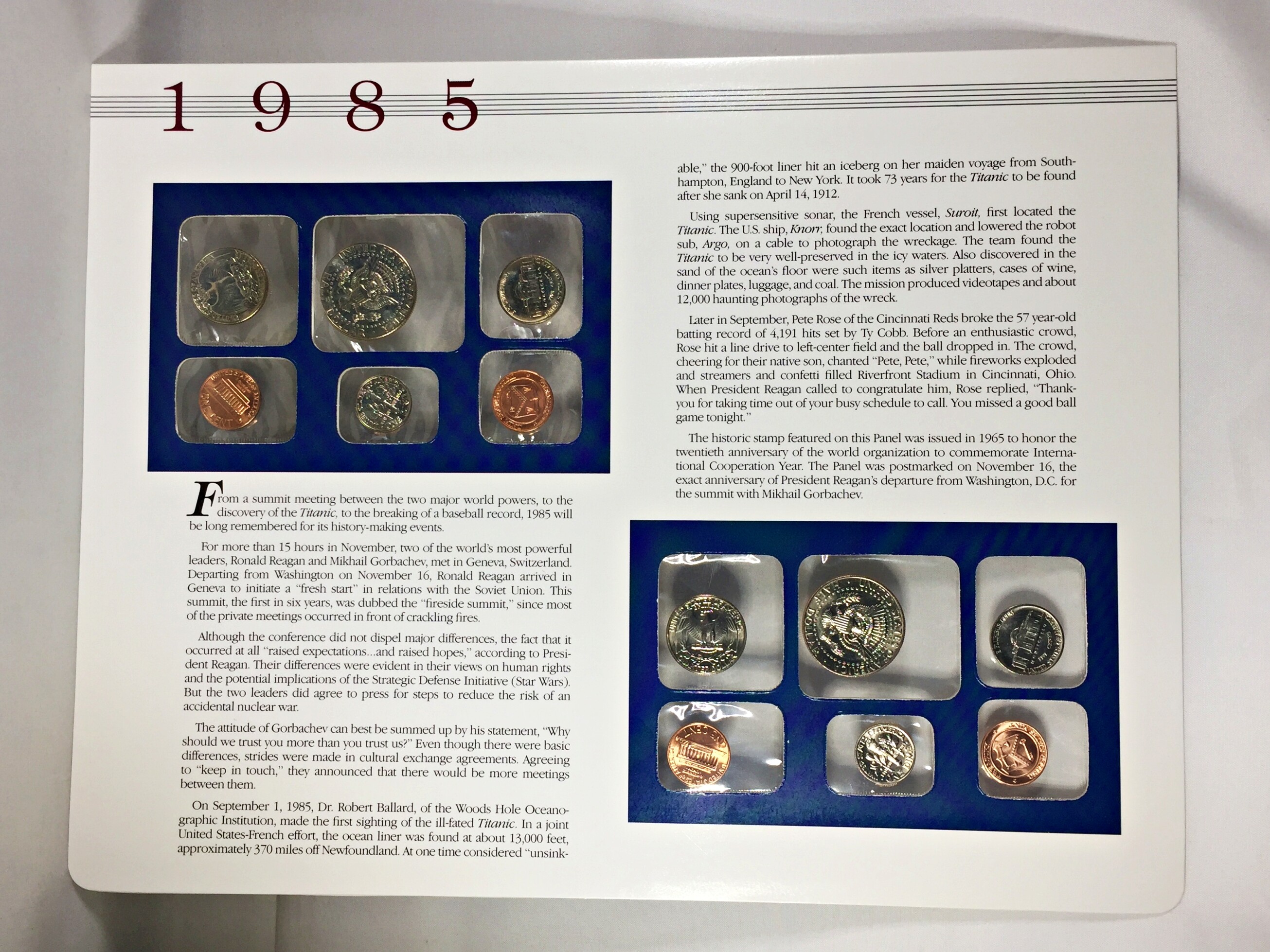 1985-P & D US Uncirculated Mint Sets*Encased in 10" x 13" Story Board with Stamps and Historical ...