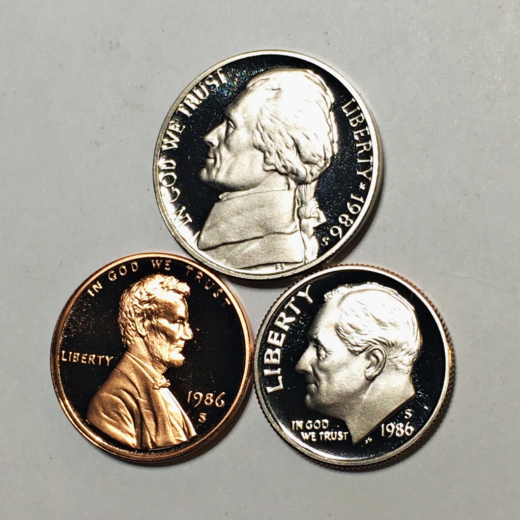 1986-S Proof Roosevelt Dime, Jefferson Nickel and Lincoln Memorial Cent ...