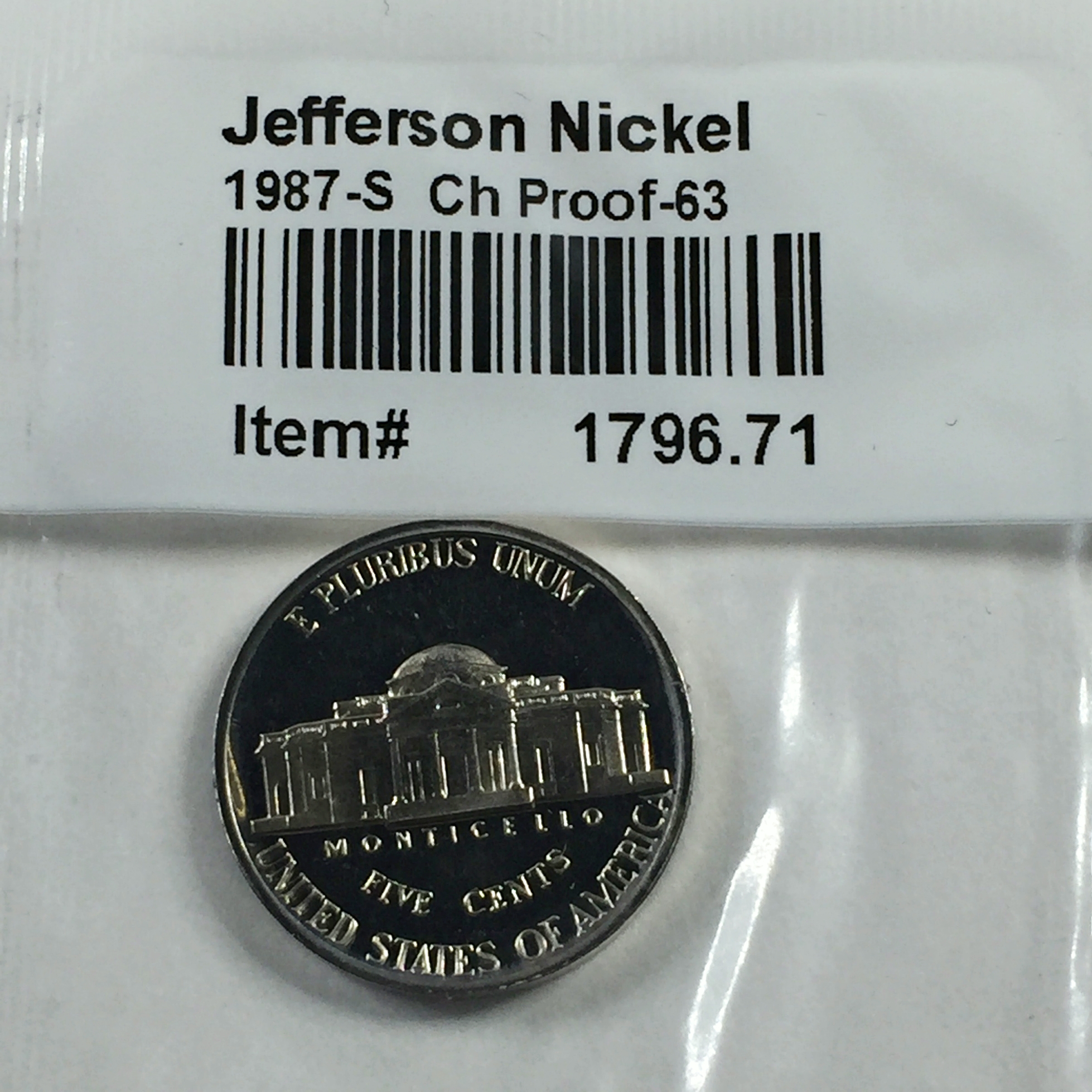 1987-S Proof Jefferson Nickel*Graded Ch Proof 63 by Littleton Coin Company*Sealed Packet ...