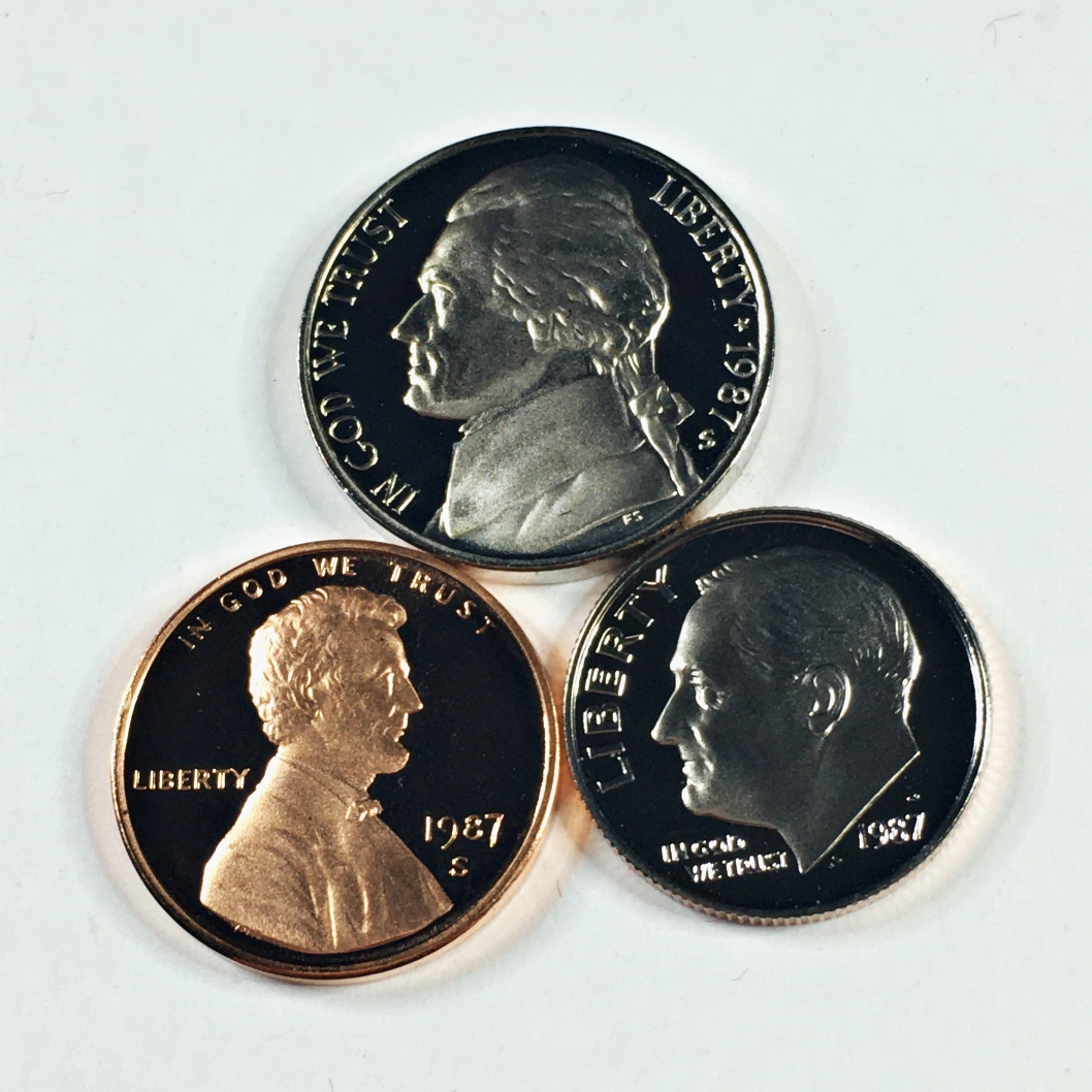 1987-S Proof Roosevelt Dime, Jefferson Nickel and Lincoln Head Memorial ...