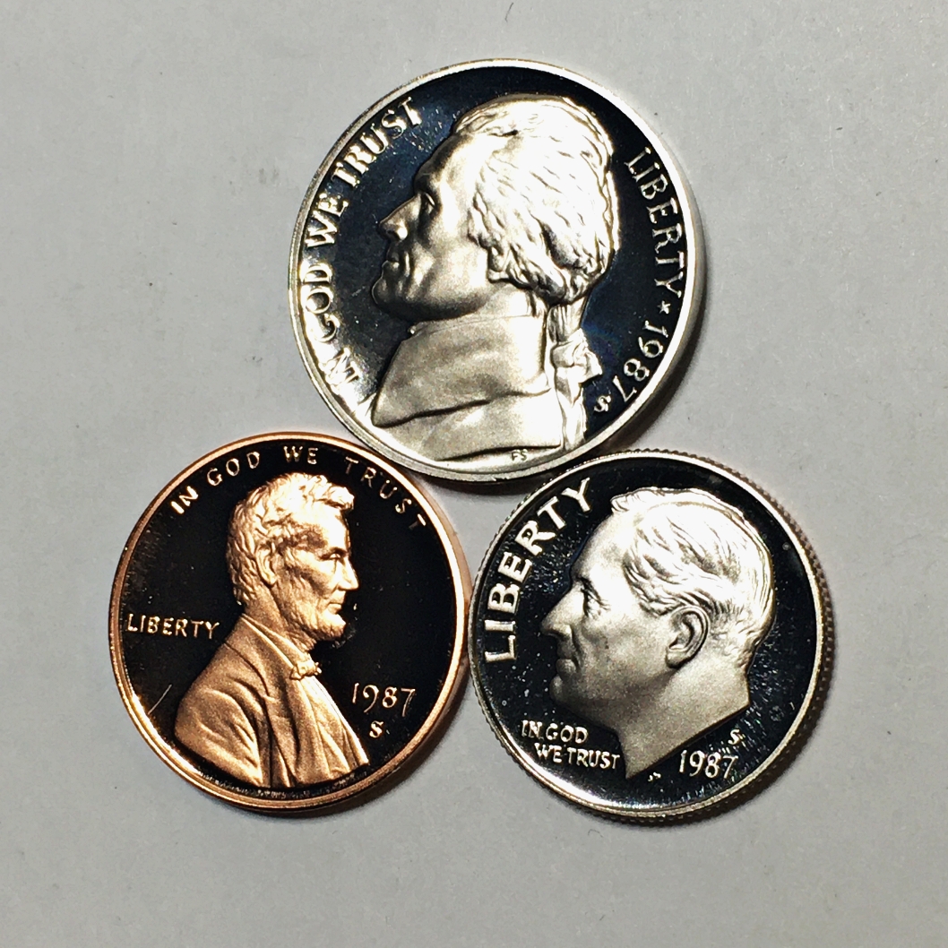1987-S Proof Roosevelt Dime, Jefferson Nickel and Lincoln Memorial Cent ...