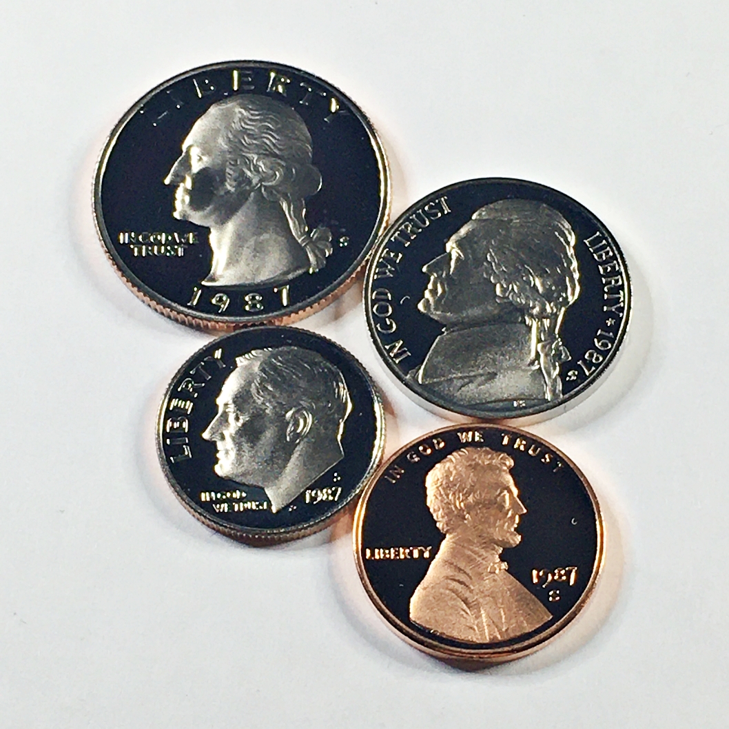 1987-S Proof Washington Quarter, Roosevelt Dime, Jefferson Nickel and ...