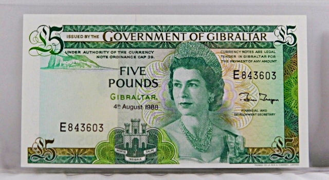 1988 Gibraltar 5 Pounds Crisp Unciruclated Bank Note | Property Room