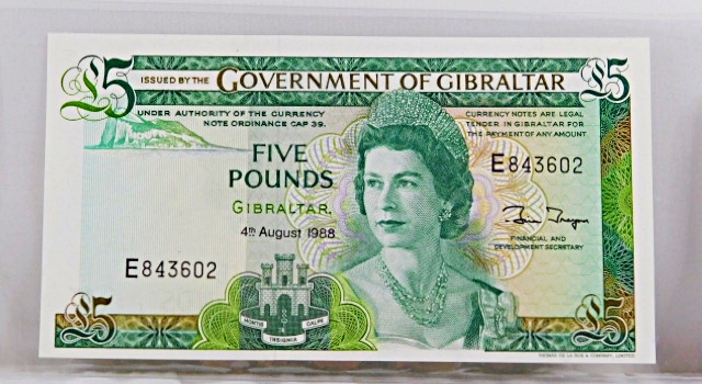 1988 Government of Gibraltar 5 Pounds Crisp Uncirculated Bank Note ...