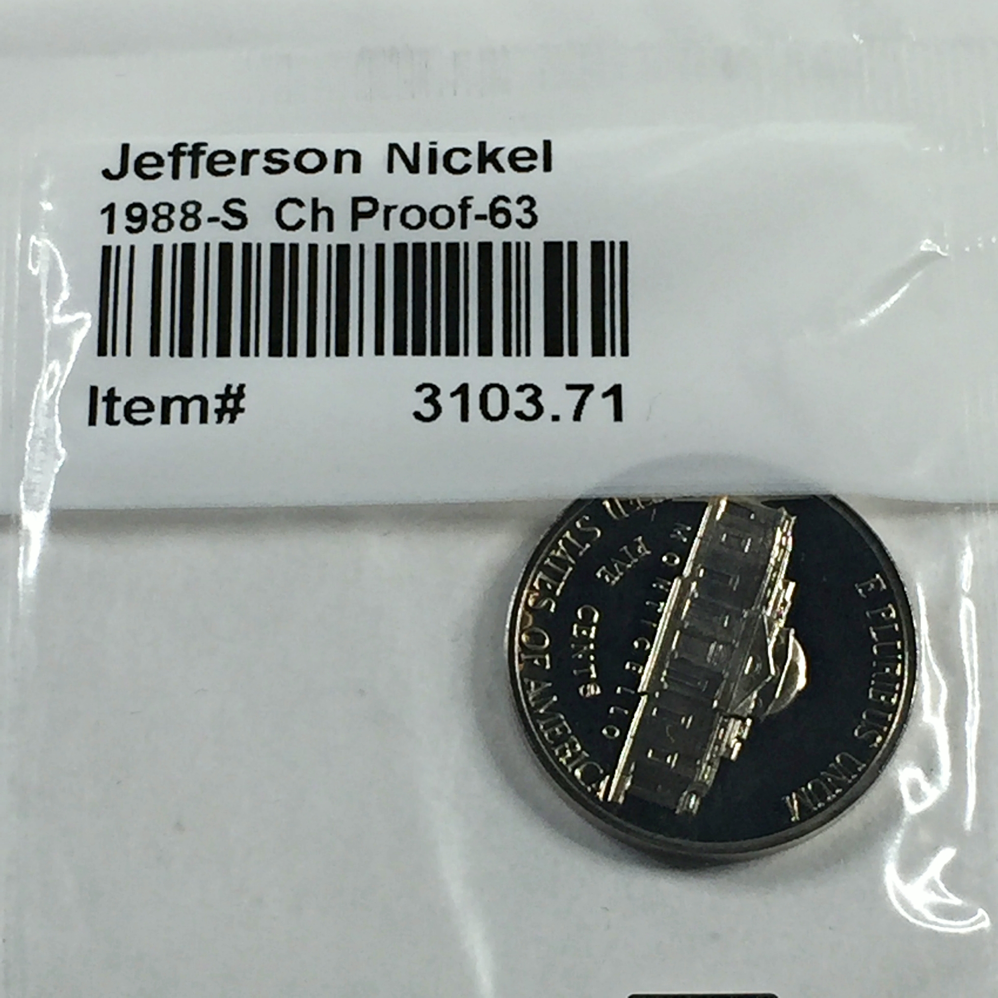 1988-S Proof Jefferson Nickel*Graded Ch Proof 63 by Littleton Coin Company*Sealed Packet ...