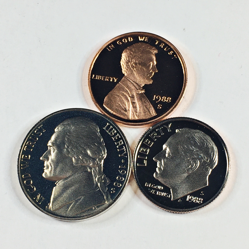 1988-S Proof Roosevelt Dime, Jefferson Nickel and Lincoln Head Memorial ...
