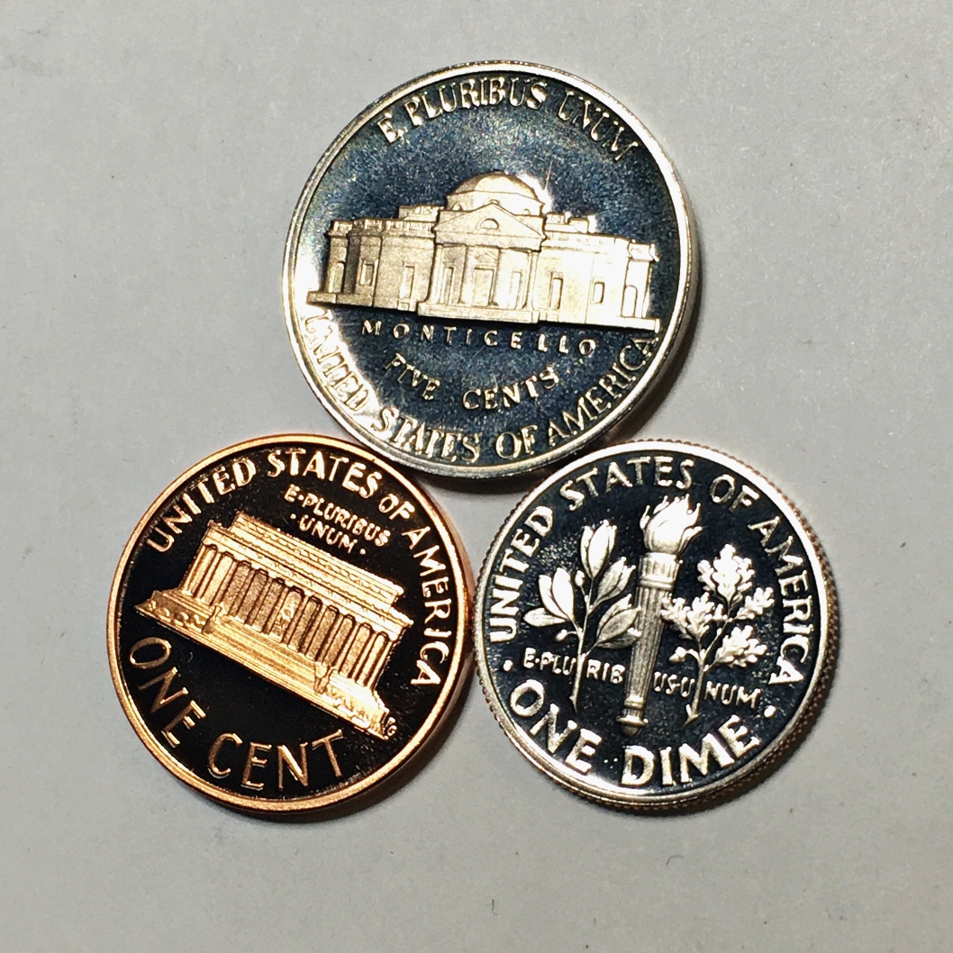 1988-S Proof Roosevelt Dime, Jefferson Nickel and Lincoln Memorial Cent ...