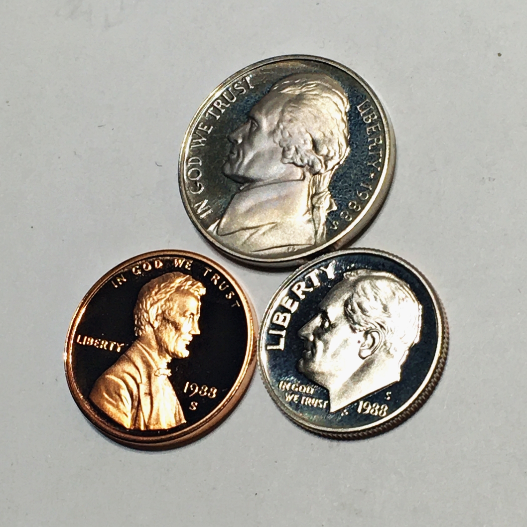 1988-S Proof Roosevelt Dime, Jefferson Nickel and Lincoln Memorial Cent ...