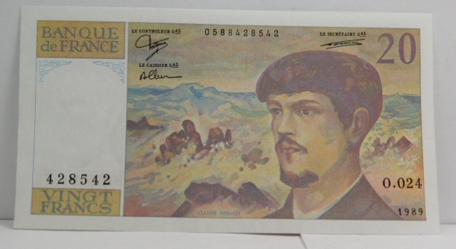 1989 France 20 Francs Crisp Uncirculated Bank Note | Property Room
