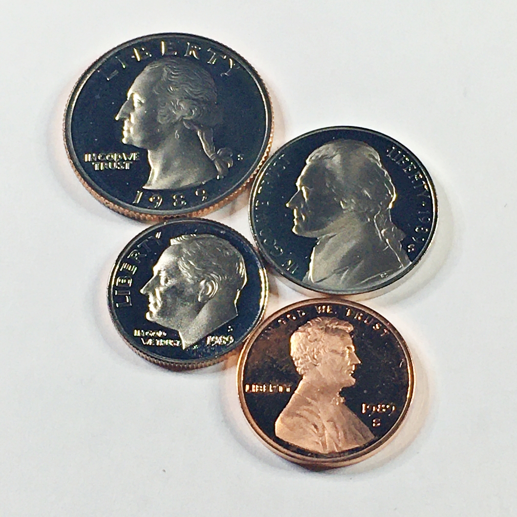 1989-S Proof Washington Quarter, Roosevelt Dime, Jefferson Nickel and ...