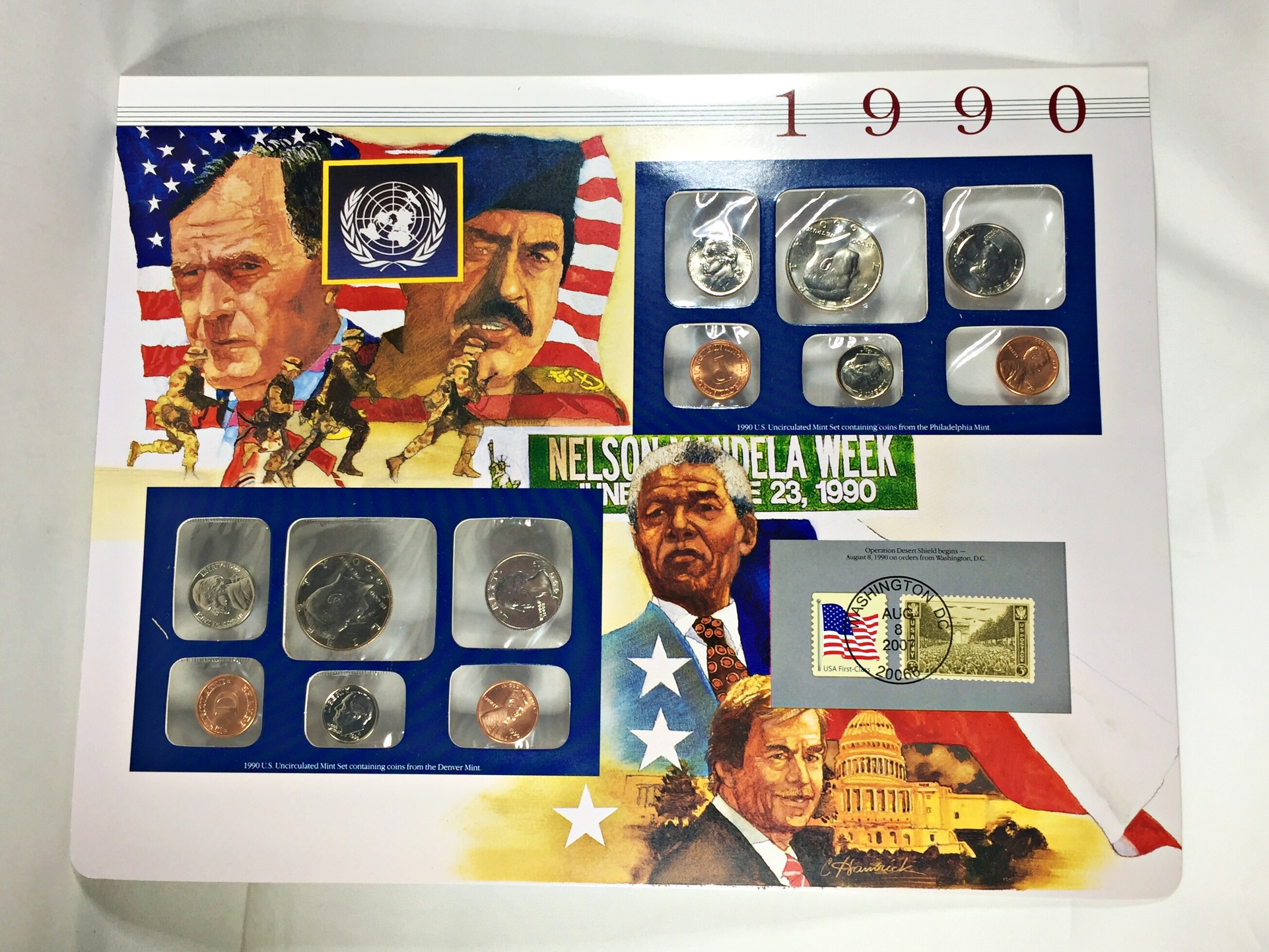 1990-P & D US Uncirculated Mint Sets*Encased in 10" x 13" Story Board with Stamps and Historical ...