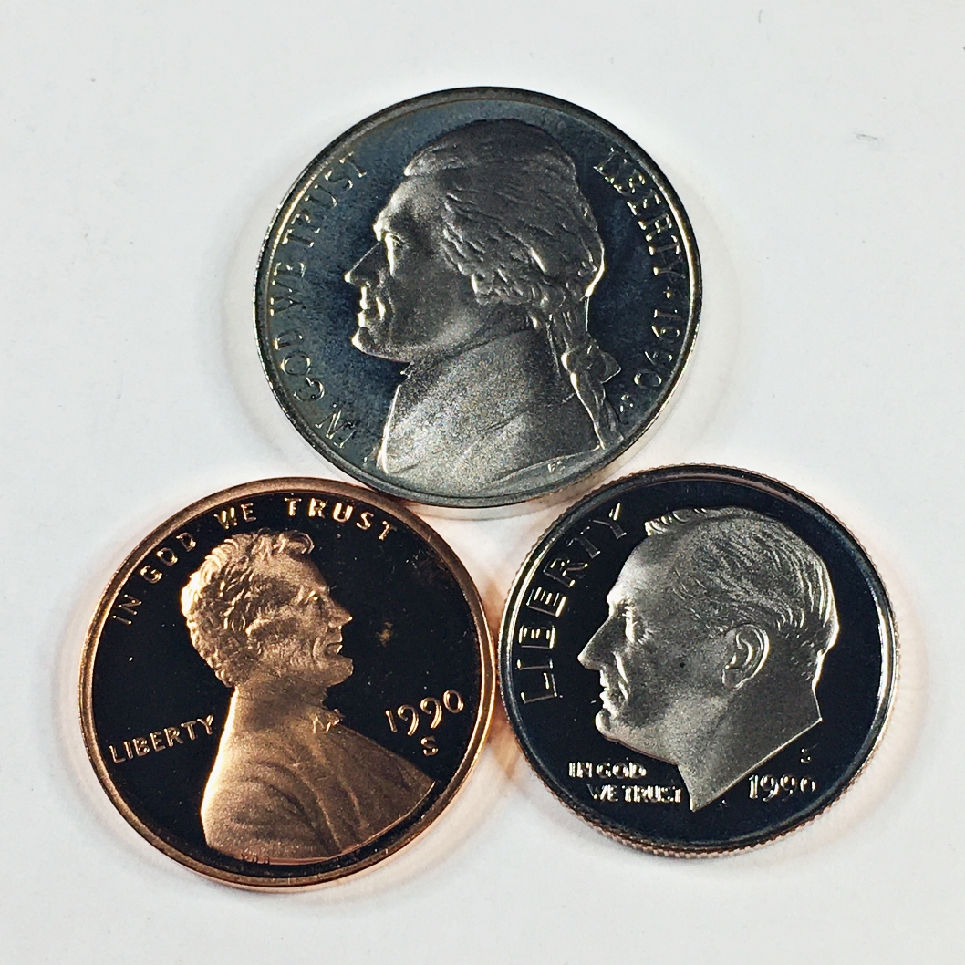 1990-S Proof Roosevelt Dime, Jefferson Nickel and Lincoln Head Memorial ...