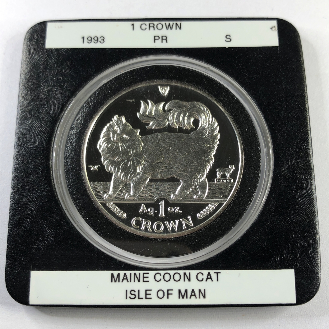 1993 Isle of Man Proof Silver 1 Crown Maine Coon Cat Commemorative Coin ...