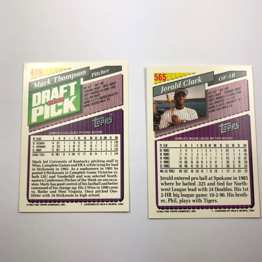 1993 Rookie JERALD CLARK and 1992 Draft Pick MARK THOMPSON Baseball ...
