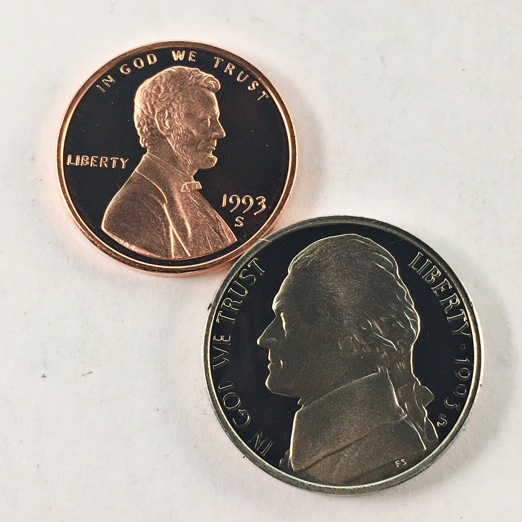 1993-S Proof Jefferson Nickel and 1993-S Lincoln Head Memorial Cent ...