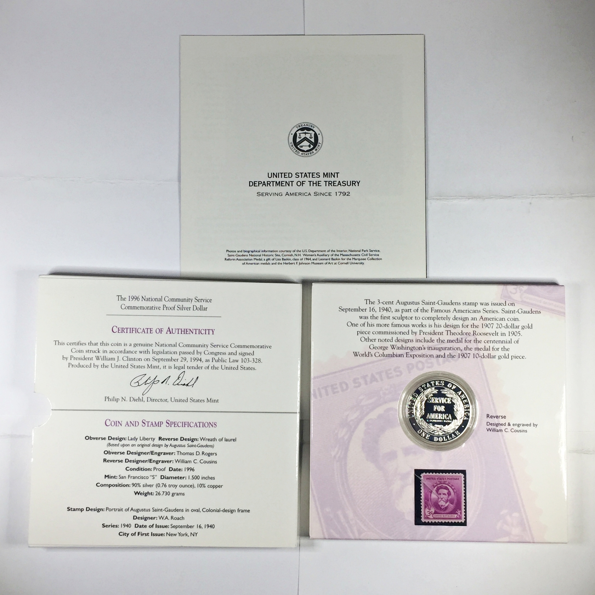 1996-S Augustus Saint-Gaudens Commemorative Proof Silver Dollar Plus 3c ...