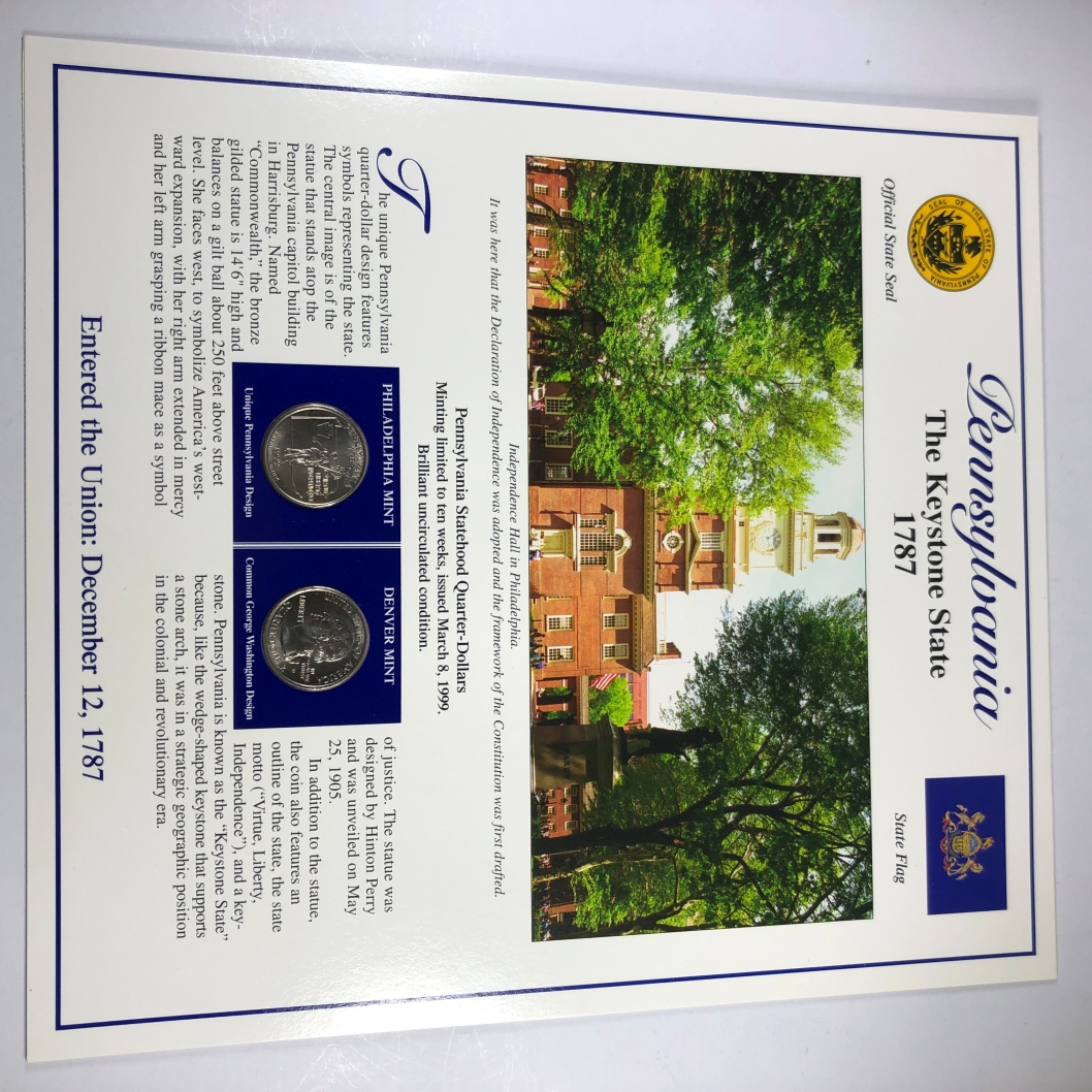 1999 Pennsylvania State Quarter and Stamp Set High Grade Uncirculated P ...