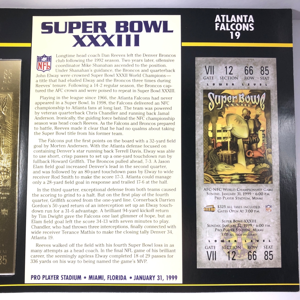 1999 Super Bowl XXXIII Gold Foil Ticket Replica*Broncos & Falcons*On 9" x 12" Story Board ...