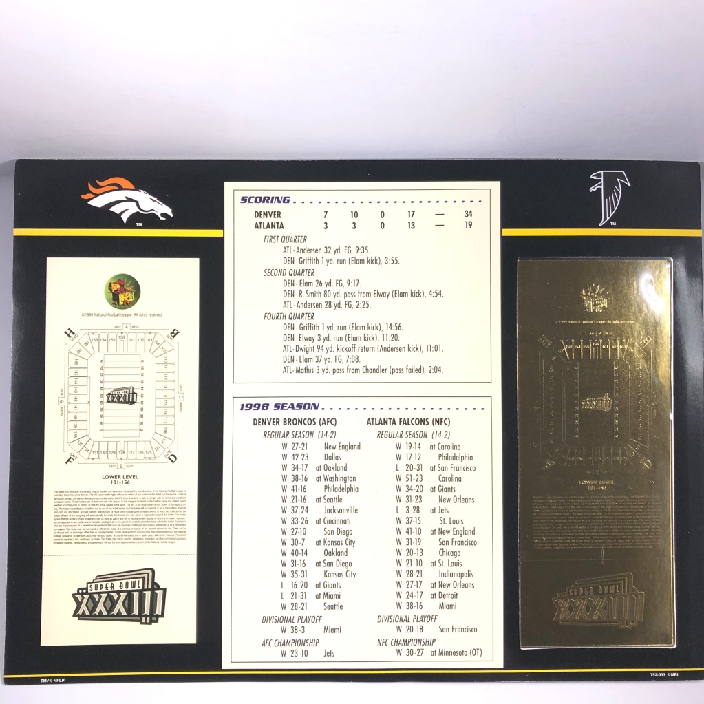 1999 Super Bowl XXXIII Gold Foil Ticket Replica*Broncos & Falcons*On 9" x 12" Story Board ...