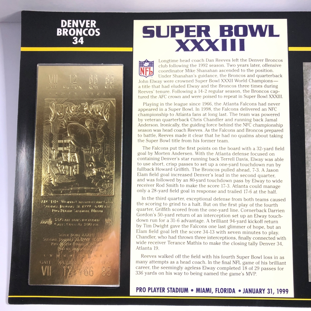 1999 Super Bowl XXXIII Gold Foil Ticket Replica*Broncos & Falcons*On 9" x 12" Story Board ...