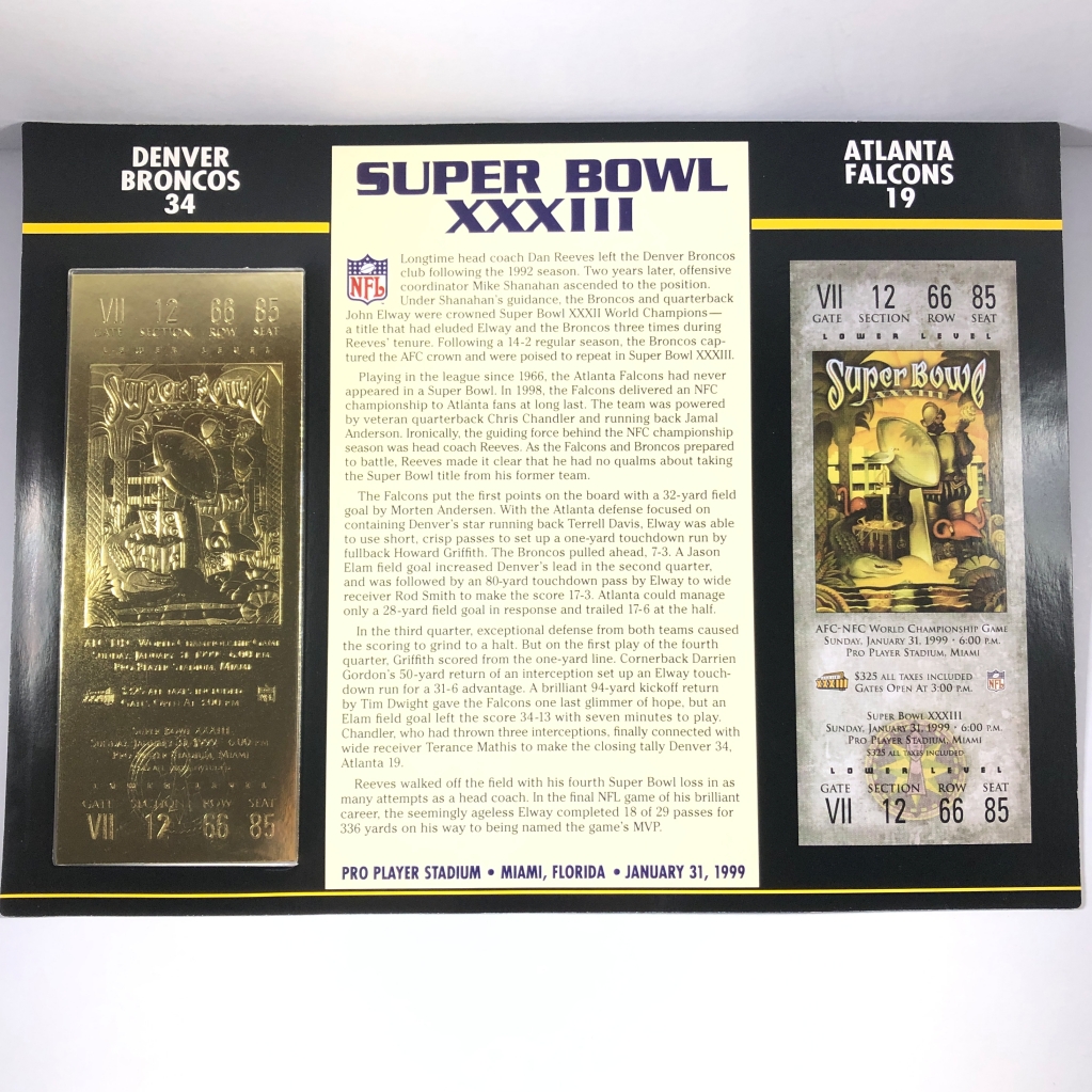 1999 Super Bowl XXXIII Gold Foil Ticket Replica*Broncos & Falcons*On 9" x 12" Story Board ...