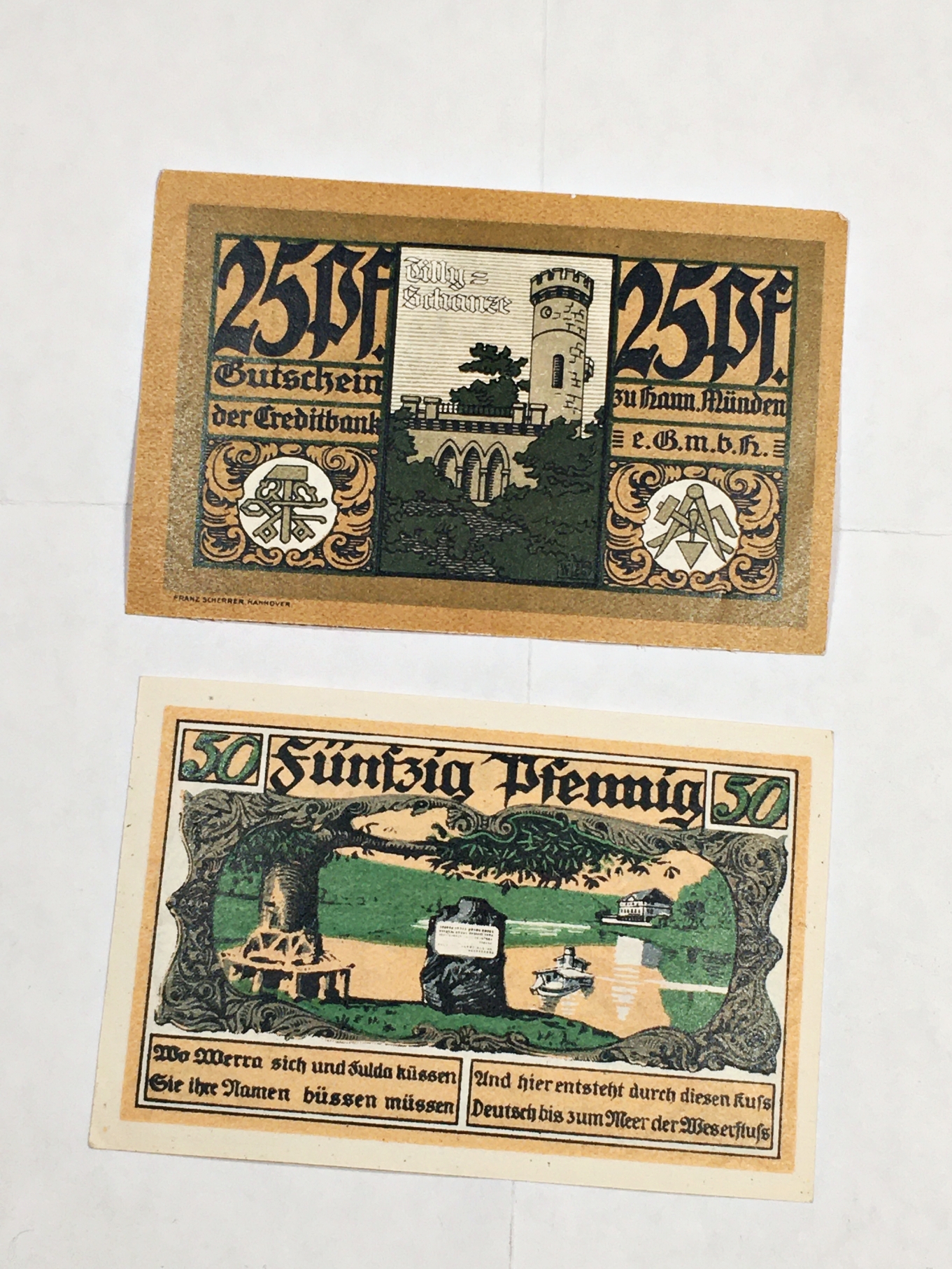 (2) 1920's German Mark Notgelds (EMERGENCY ISSUE GERMAN CURRENCY):25 ...