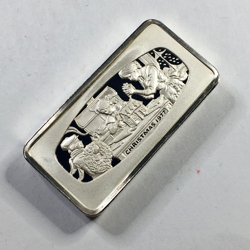 2+ oz Solid Sterling Silver Proof Christmas Ingot*1000 Grains*1977 with ...