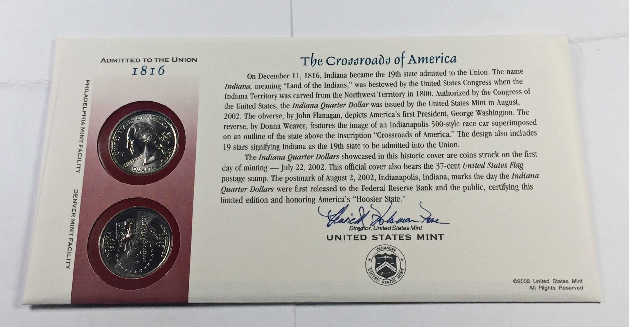 2002-P & D First Day of Issue Indiana State Commemorative Quarters on ...