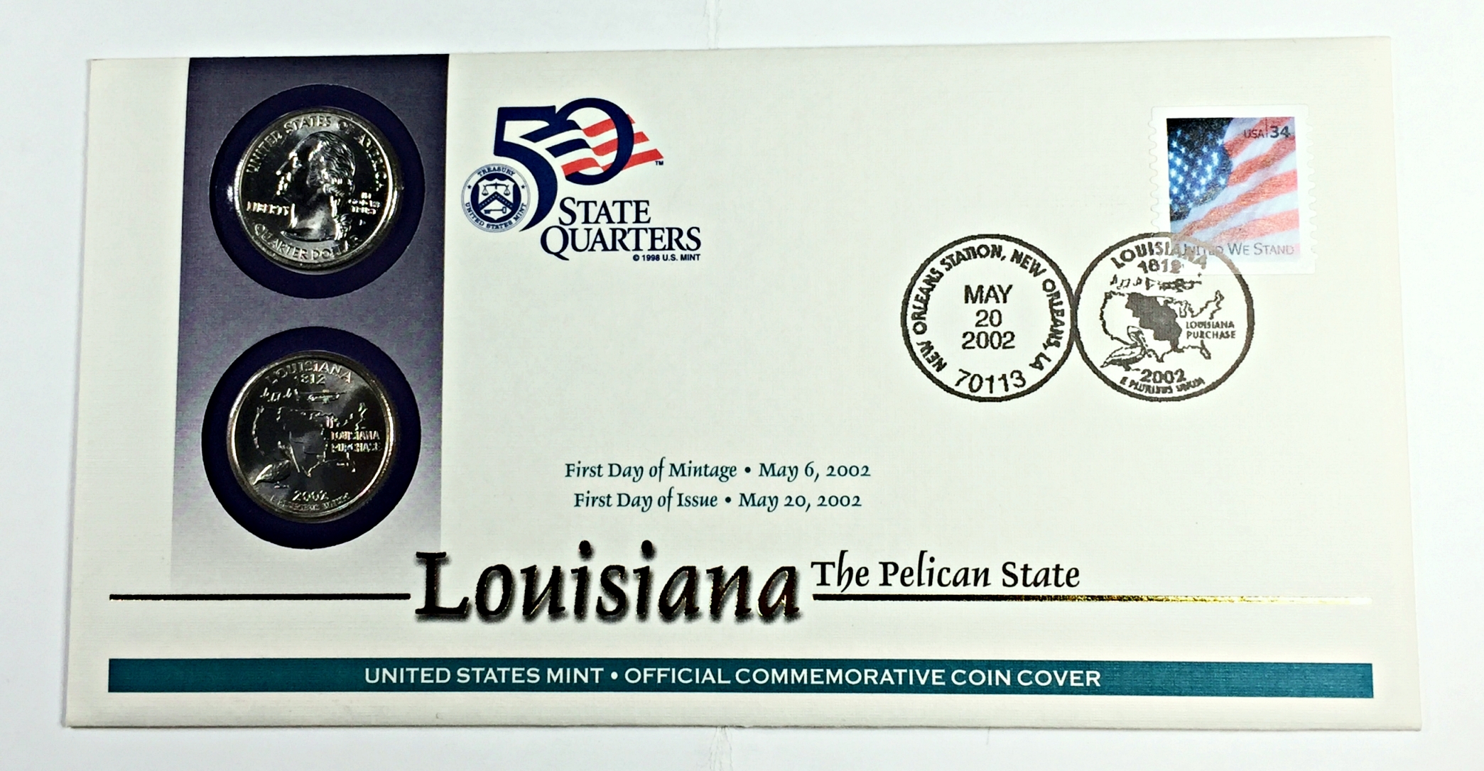 2002-P & D Louisiana State Commemorative Quarters with Stamp on First ...