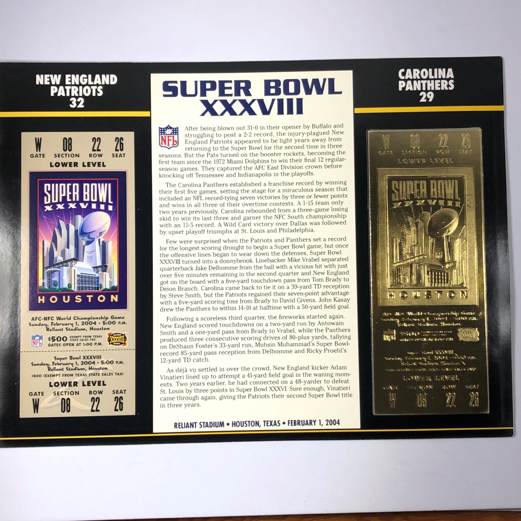 2004 Super Bowl XXXVIII Gold Foil Ticket Replica*Patriots & Panthers*On 9" x 12" Story Board ...