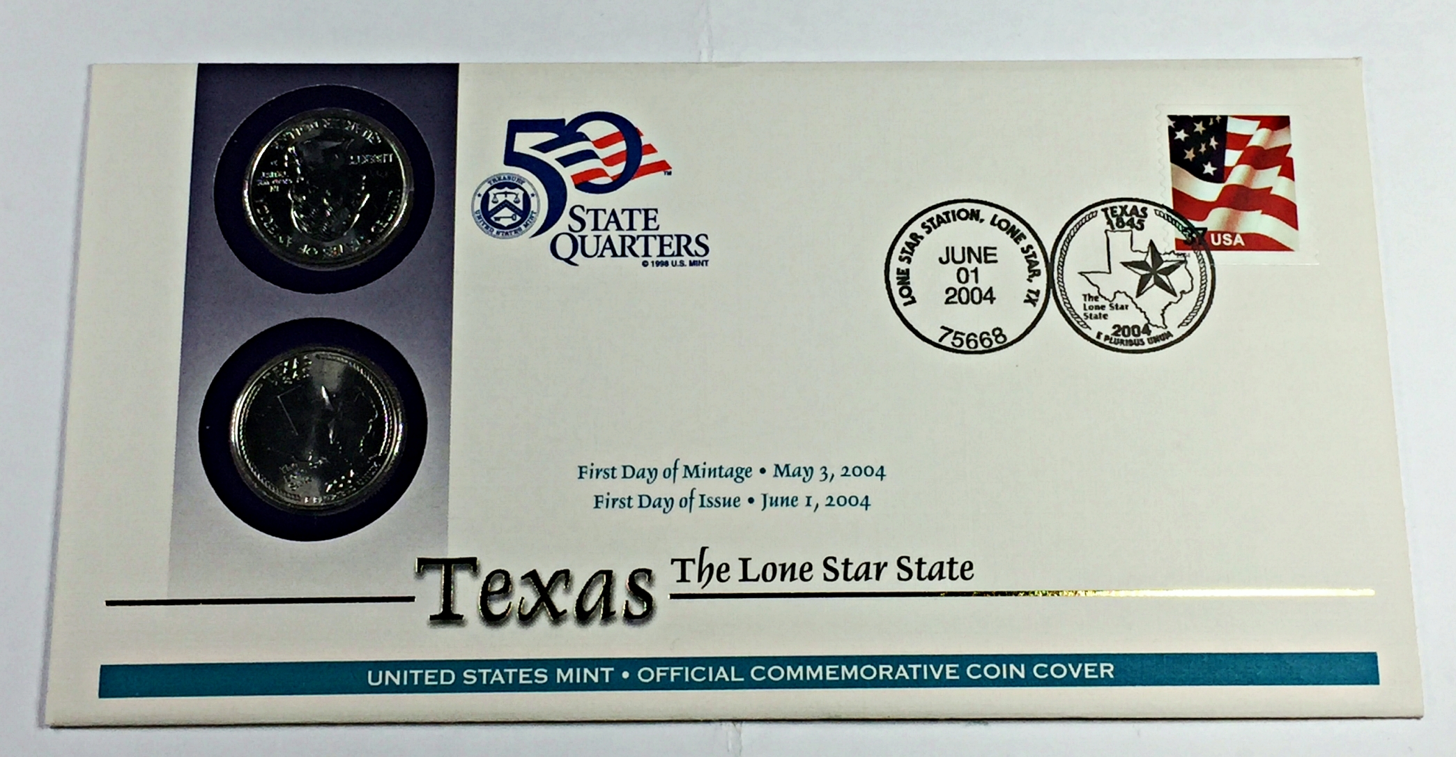 2004-P & D Texas State Commemorative Quarters with Stamp on First Day ...