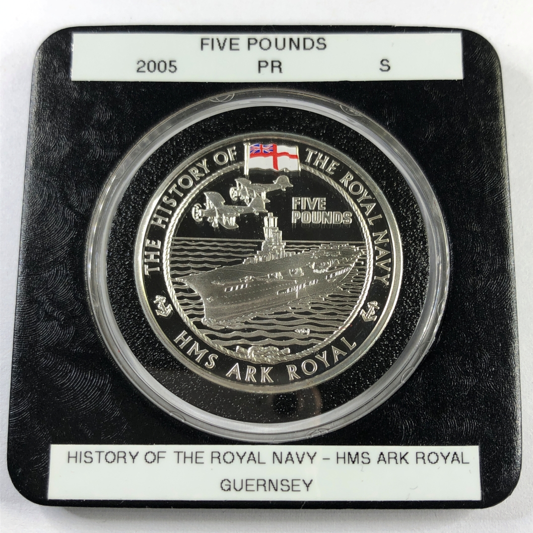 2005 Guernsey Proof Silver £5 Royal Navy-HMS Ark Royal Commemorative ...