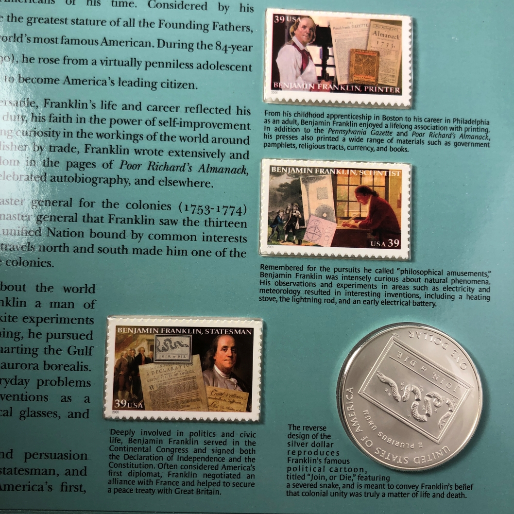 2006-P Ben Franklin Commemorative Silver Dollar, Four Stamps and ...