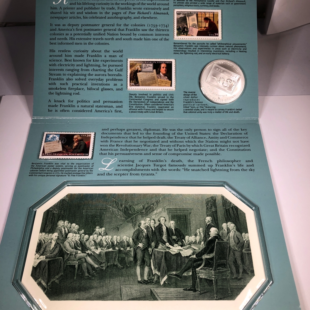 2006-P Benjamin Franklin Commemorative Silver Dollar, Stamps, and Four ...
