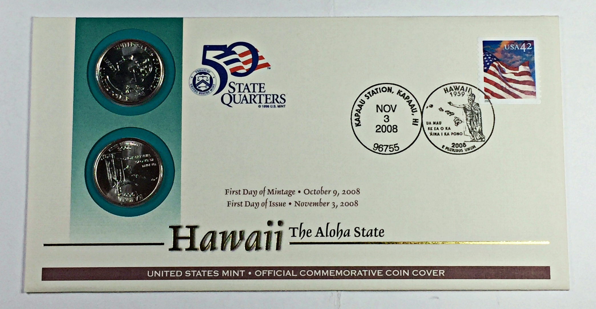 2008-P & D Hawaii State Commemorative Quarters with Stamp on First Day ...