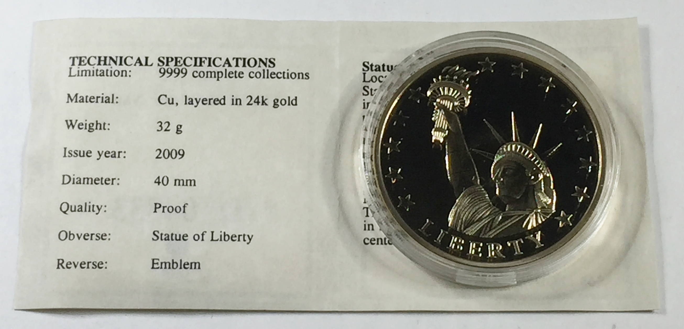 2009 24K Gold Layered Statue of Liberty Coin*Only 9999 Minted*In ...