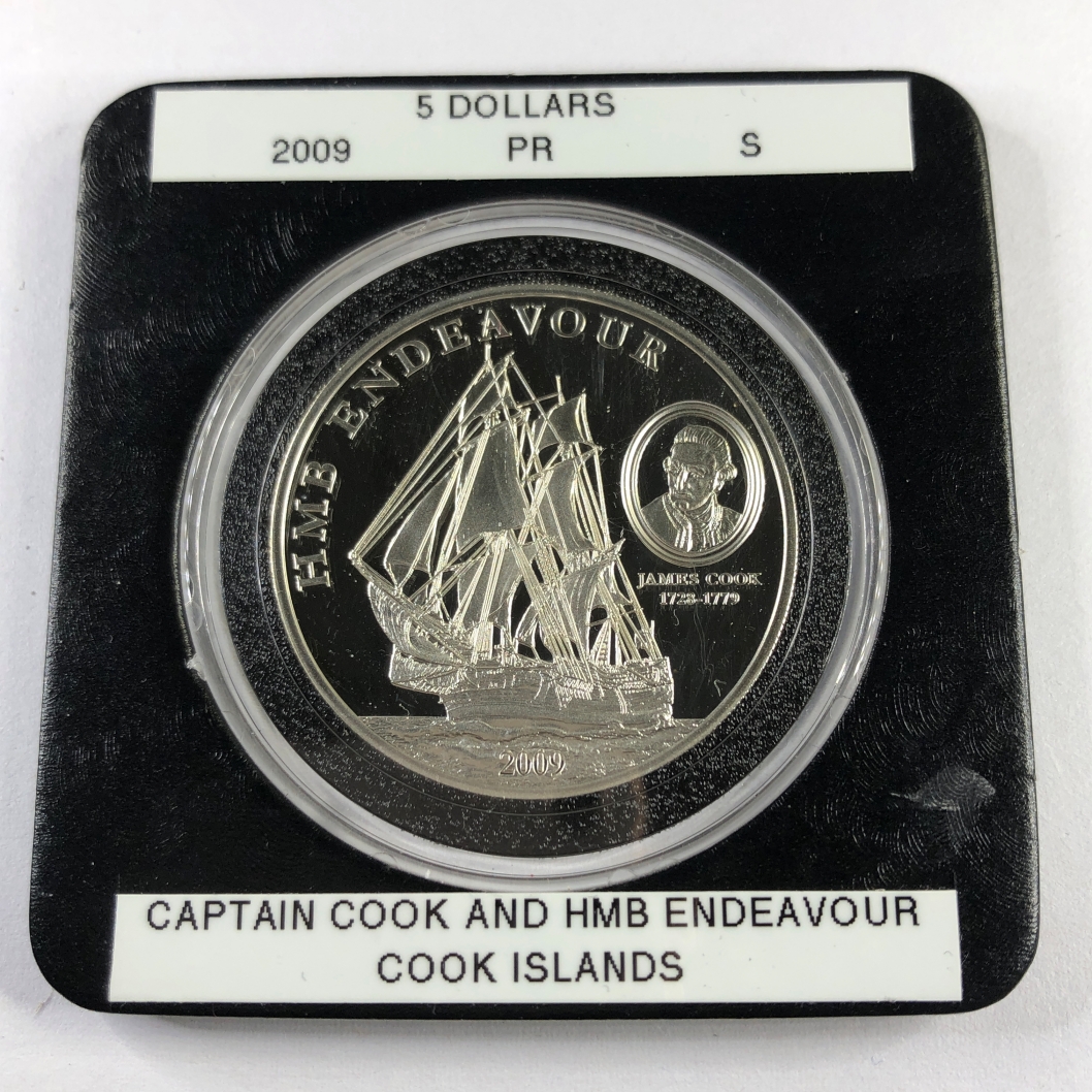 2009 Cook Islands Proof Silver $5 Captain Cook & HMB Endeavour ...