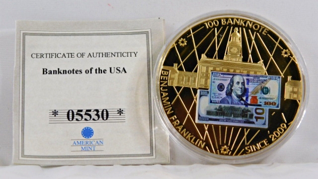 2010 Proof $100 Franklin Banknote 24K Gold Layered Medallion*50mm*Orig ...