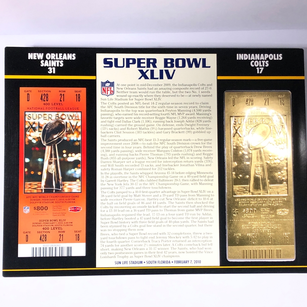 2010 Super Bowl XLIV Gold Foil Ticket Replica*Saints & Colts*On 9" x 12 ...