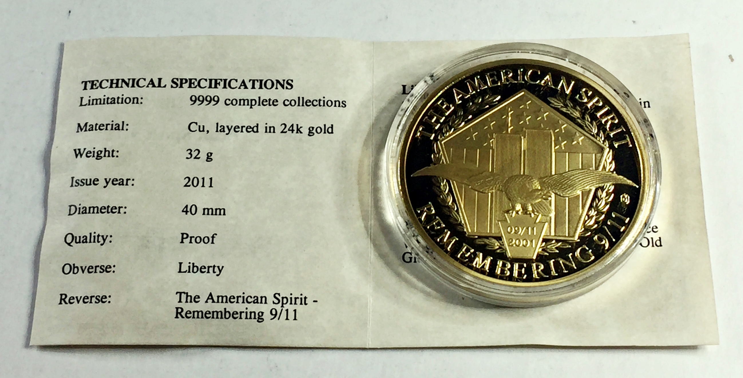 2011 24K Gold Layered 40mm Liberty Commemorative Medallion*9/11-The ...