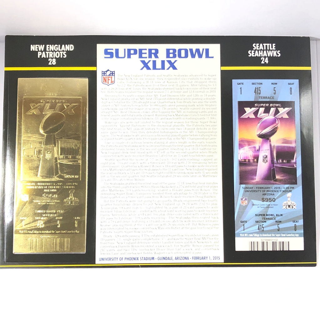 2015 Super Bowl XLIX Gold Foil Ticket Replica*Patriots & Seahawks*On 9 ...