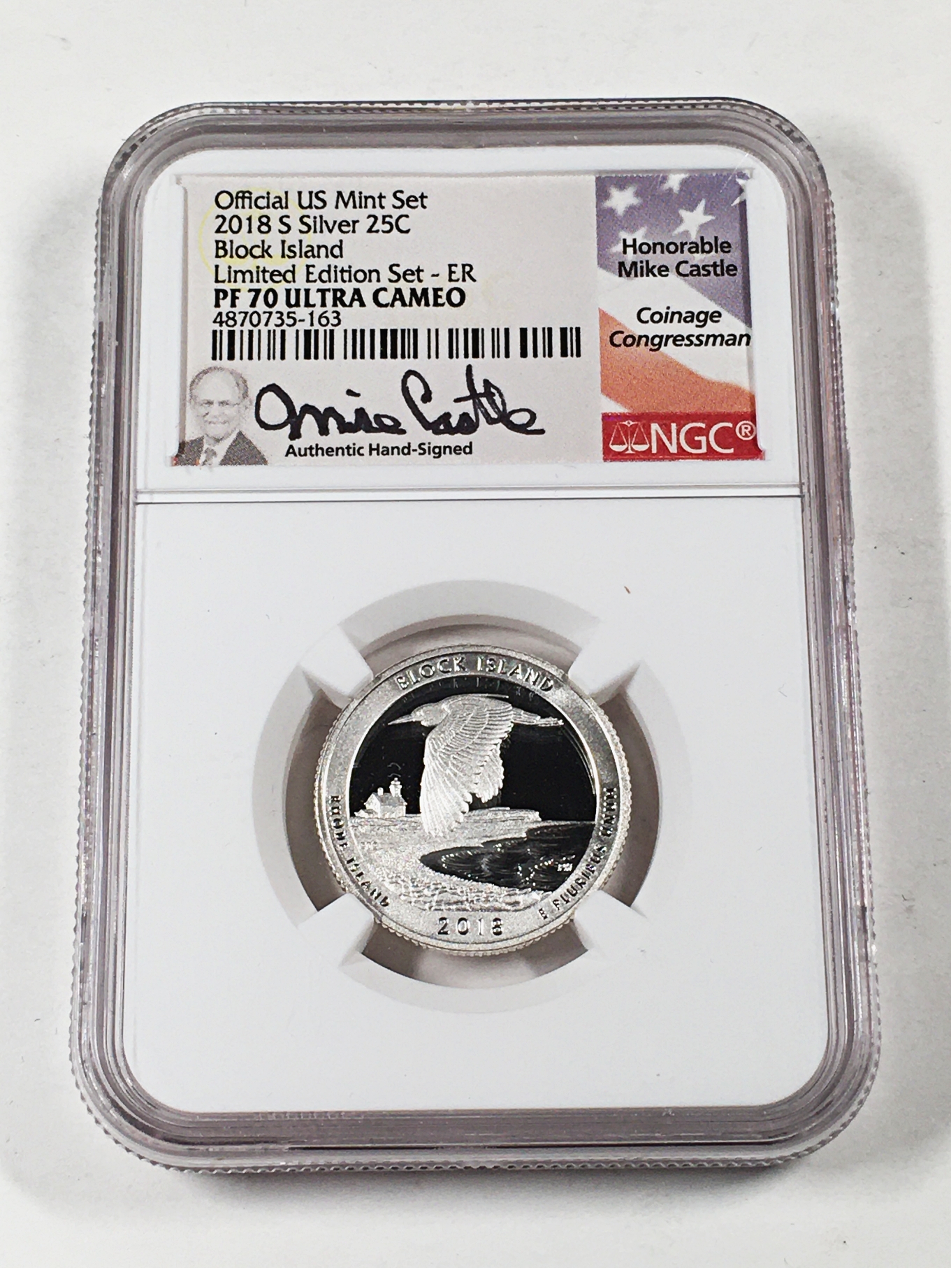 2018-S Proof Silver Block Island Commemorative 25c*Graded PF70 ULTRA ...