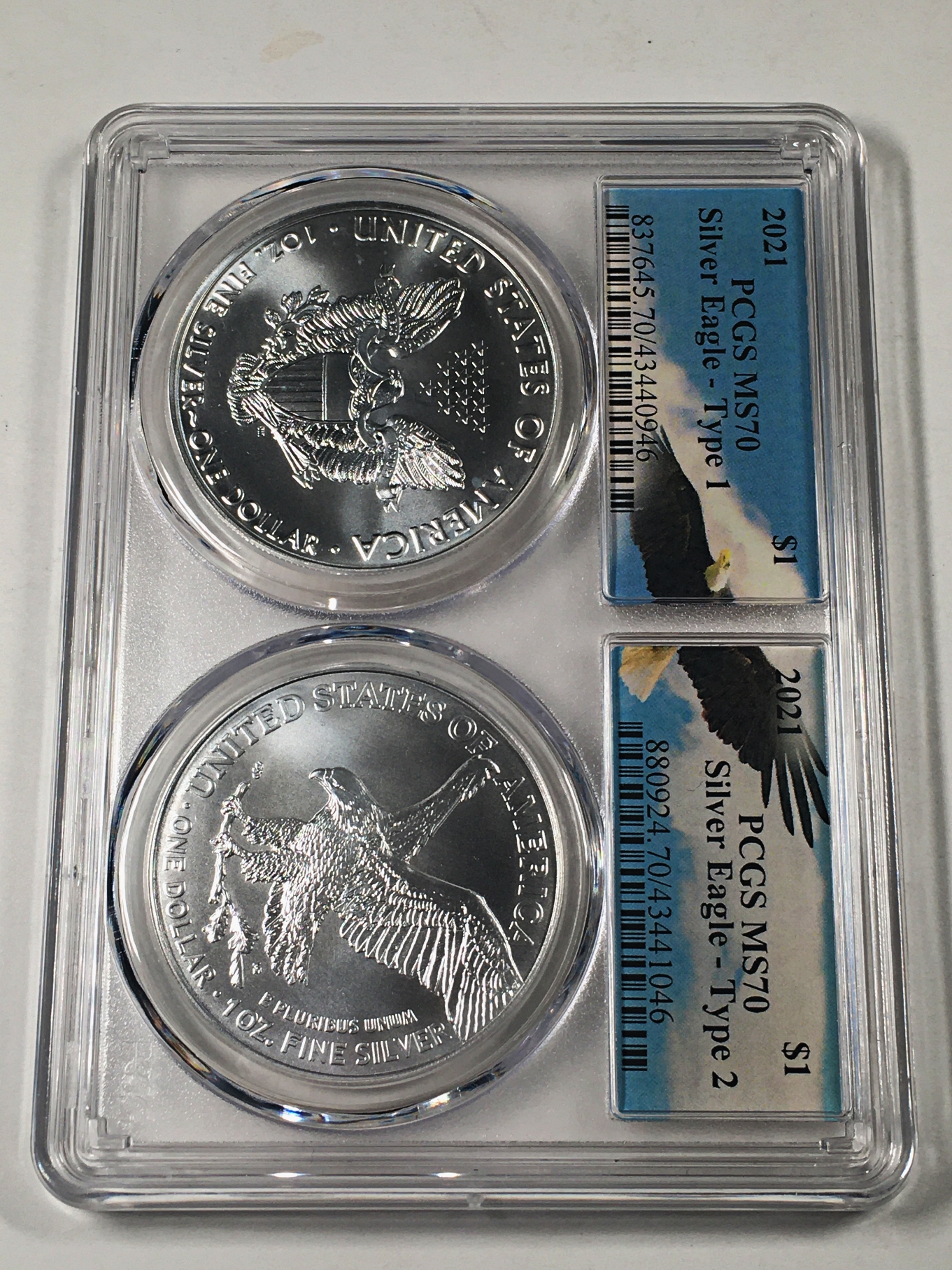 2021 Type 1 & Type 2 American Silver Eagles Set*Graded MS70 by PCGS*2oz ...