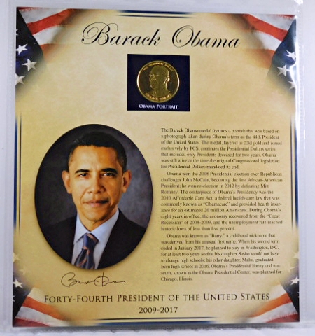 22K Gold Medallion of Barack Obama - Pres. Comm. - Encased in a 9' x 10 ...