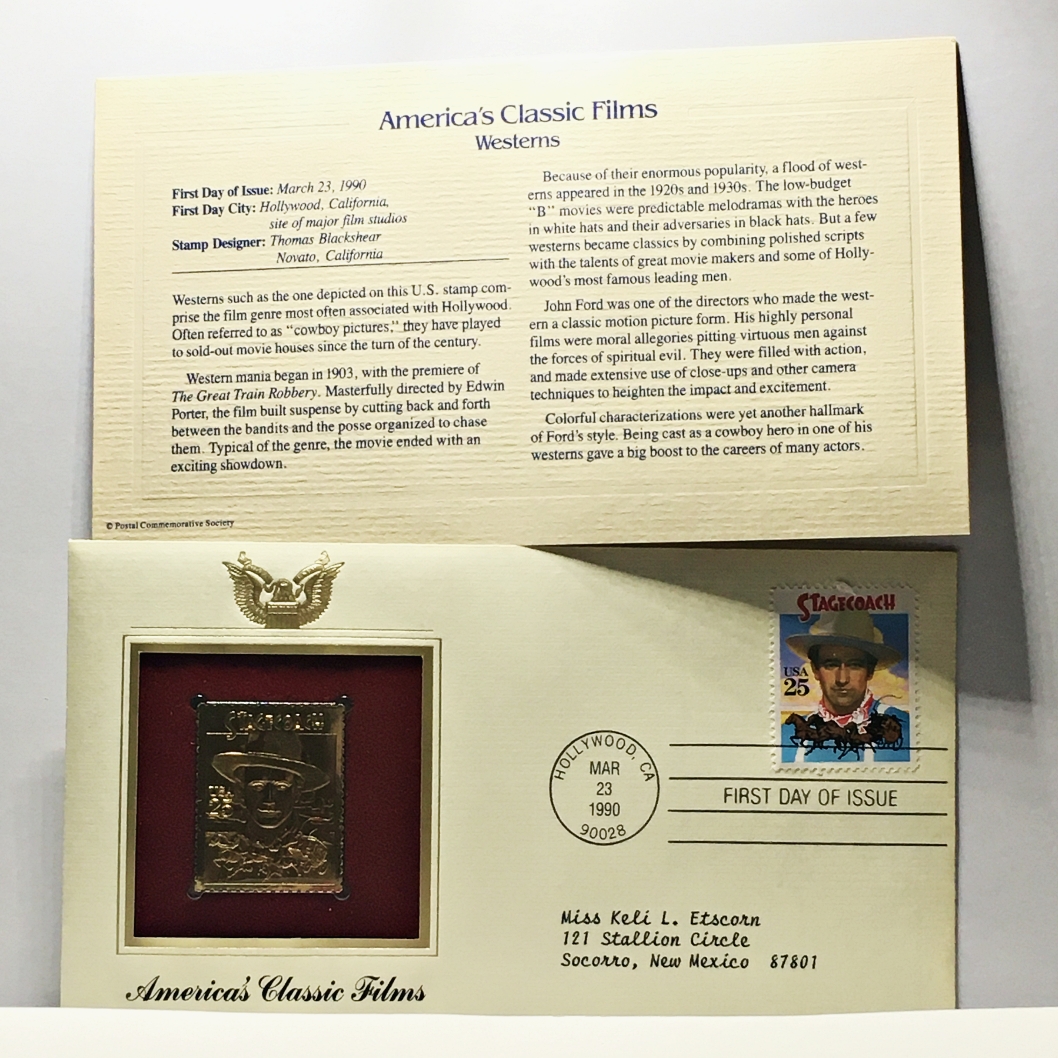 22K Gold Replica Stamp on FDC*1990 America's Classic Films; Westerns ...
