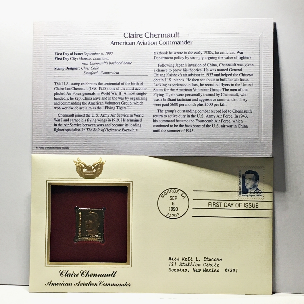 22K Gold Replica Stamp on FDC*1990 Claire Chennault; American Aviation ...