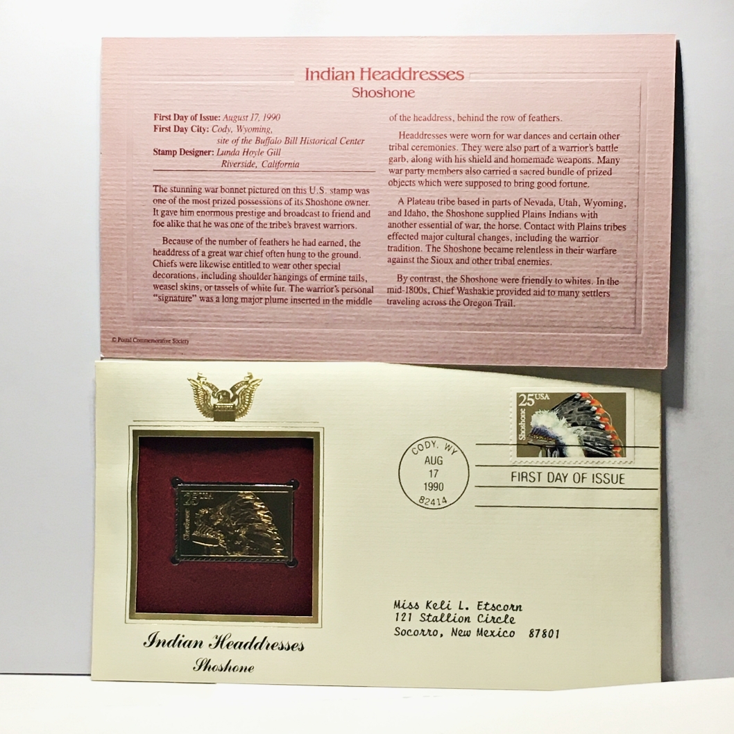 22K Gold Replica Stamp on FDC*1990 Indian Headdresses; Shoshone ...