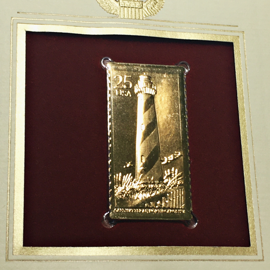 22K Gold Replica Stamp on FDC*1990 Lighthouses; Cape Halloras, North ...