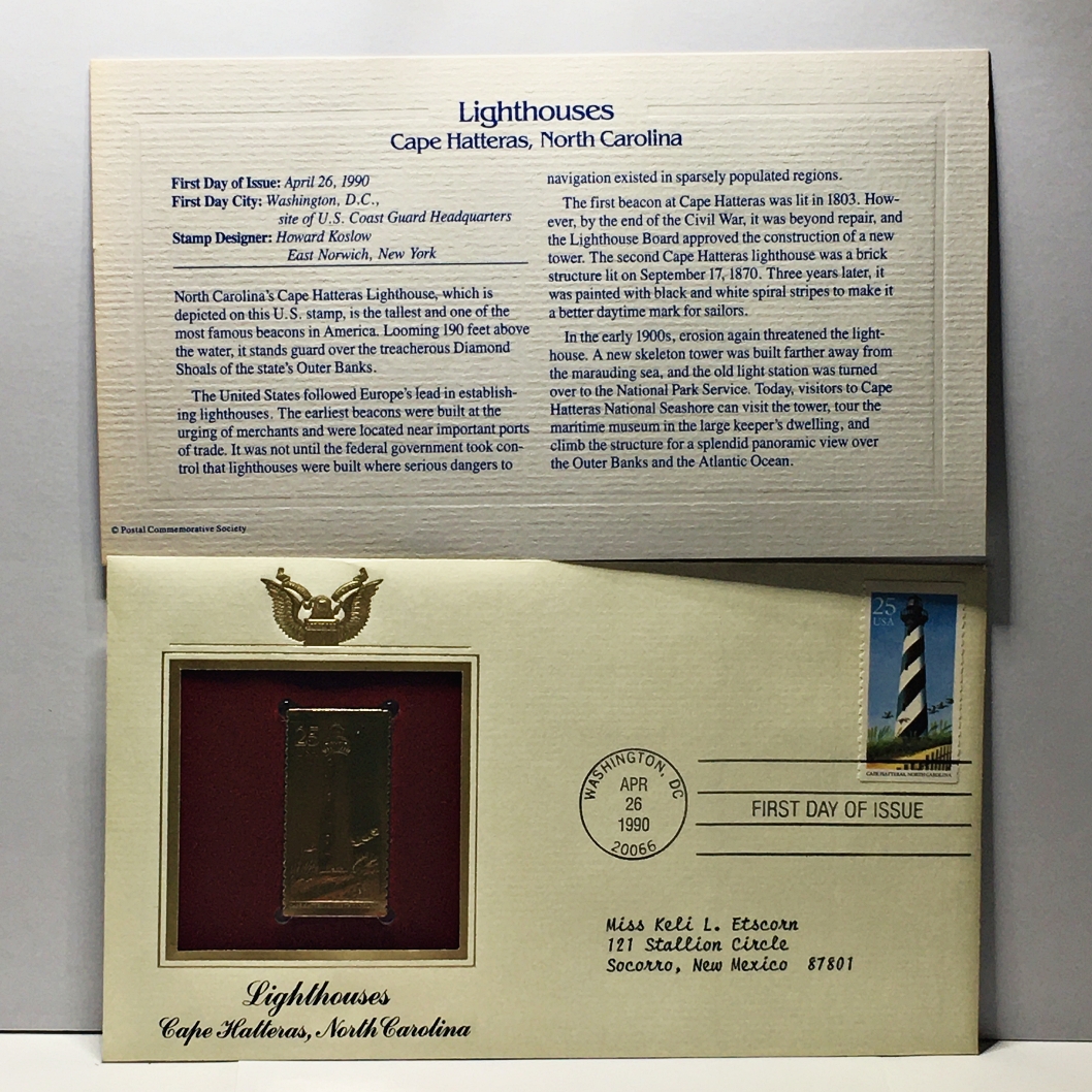 22K Gold Replica Stamp on FDC*1990 Lighthouses; Cape Halloras, North ...